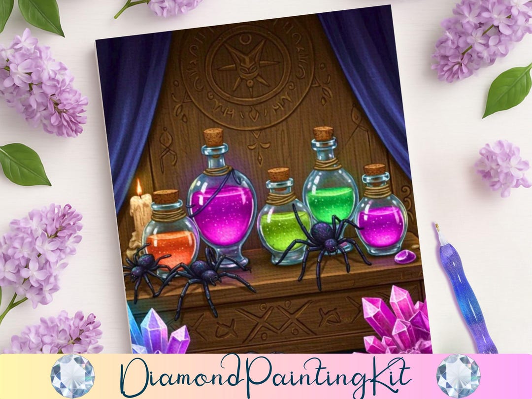 Spider Potions Cabinet Diamond Painting, Witches Apothecary, Crystals ...