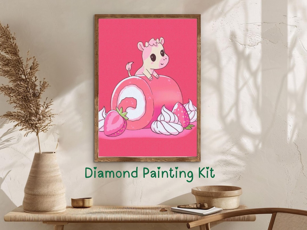Strawberry Cake Roll Cow Diamond Painting Kit, Adorable Kawaii Dessert ...