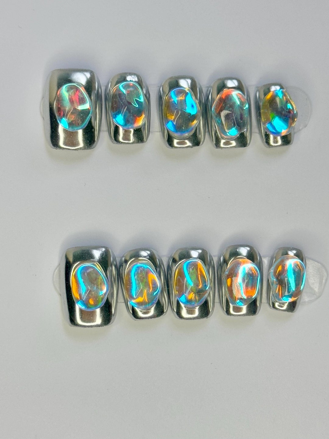 Holographic Short Press on Nails, Light Reflection Nails, Blue Press on ...