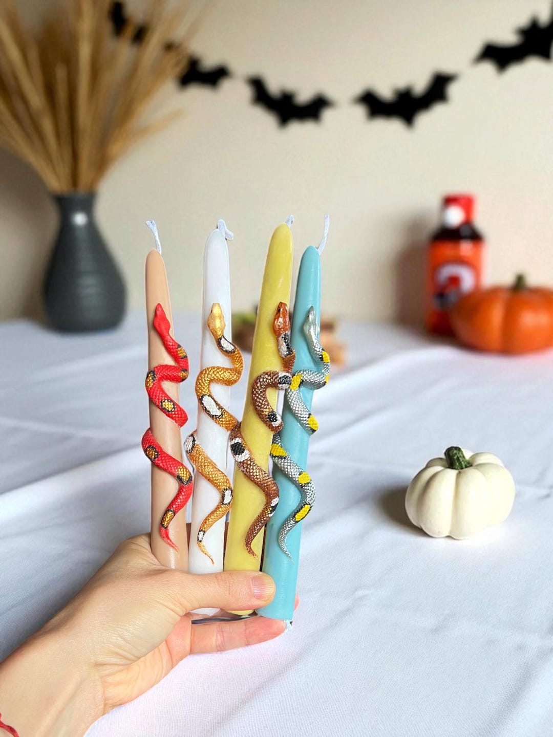 Set of 2 Mixed Snake Taper Candles, Witchy Halloween Decor, Colorful ...
