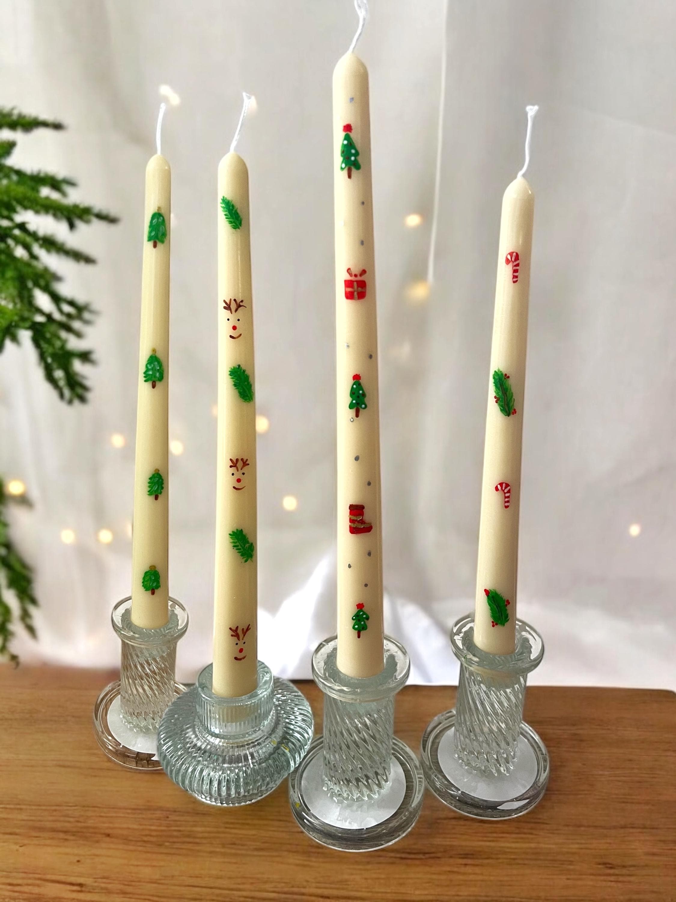 Christmas Taper Candles Set of 3, Hand Painted Holiday Candles, Xmas ...
