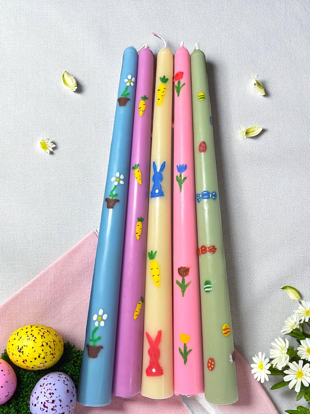 Easter Taper Candles, Hand Painted Spring Decor, Pastel Candle Set ...