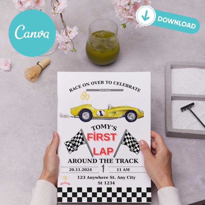 Race Car 1st Birthday Invitation, First Lap at the Track Birthday ...