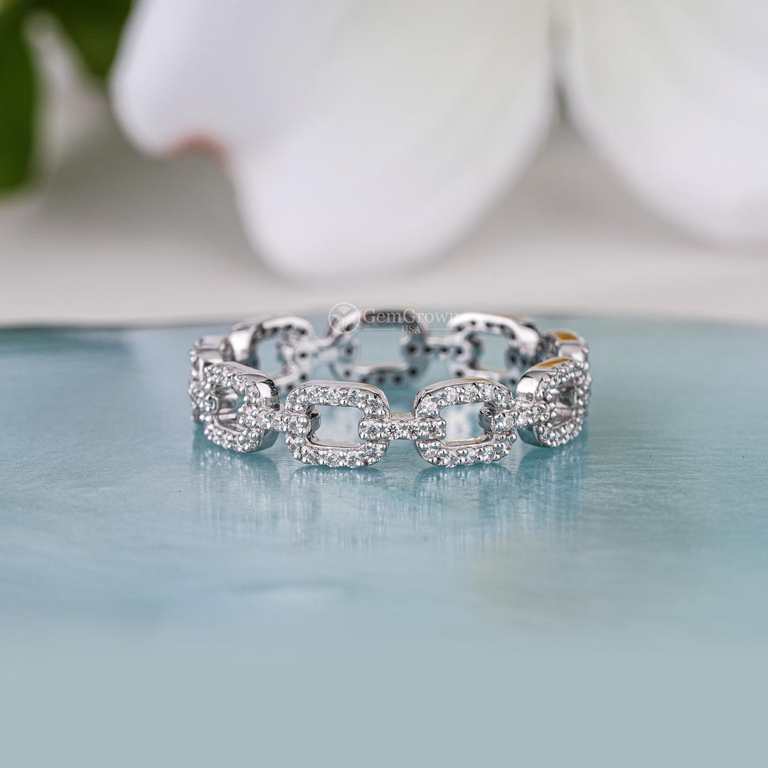 Moissanite Link Chain Full Eternity Ring White Gold Interlink Pave Band ...