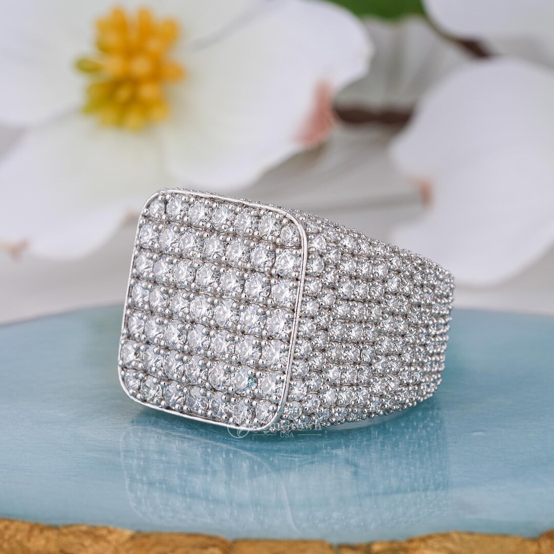 Mens Signet Hip Hop Iced Out Moissanite Statement Ring in 925 Sterling ...