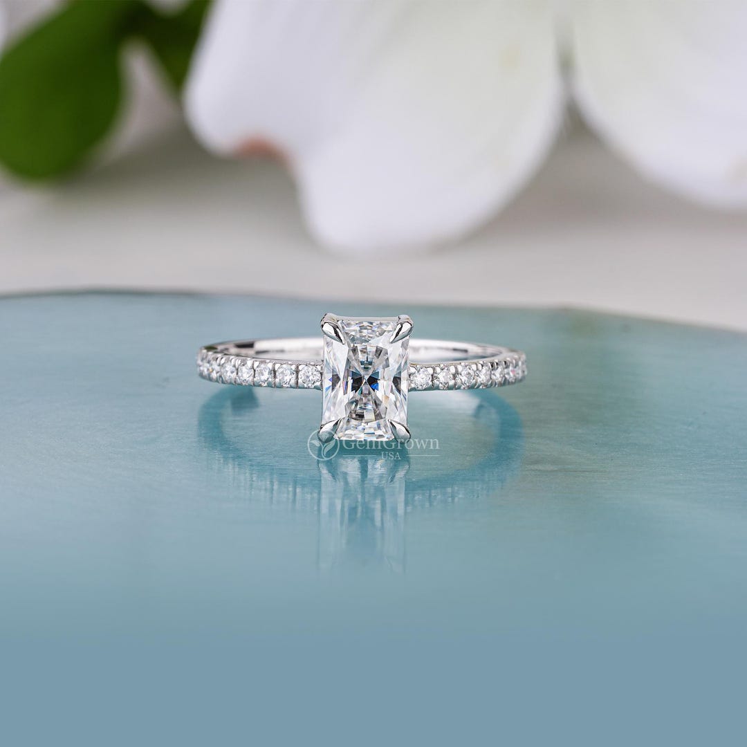 Low Profile Setting Radiant Cut Moissanite Solitaire Engagement Ring ...