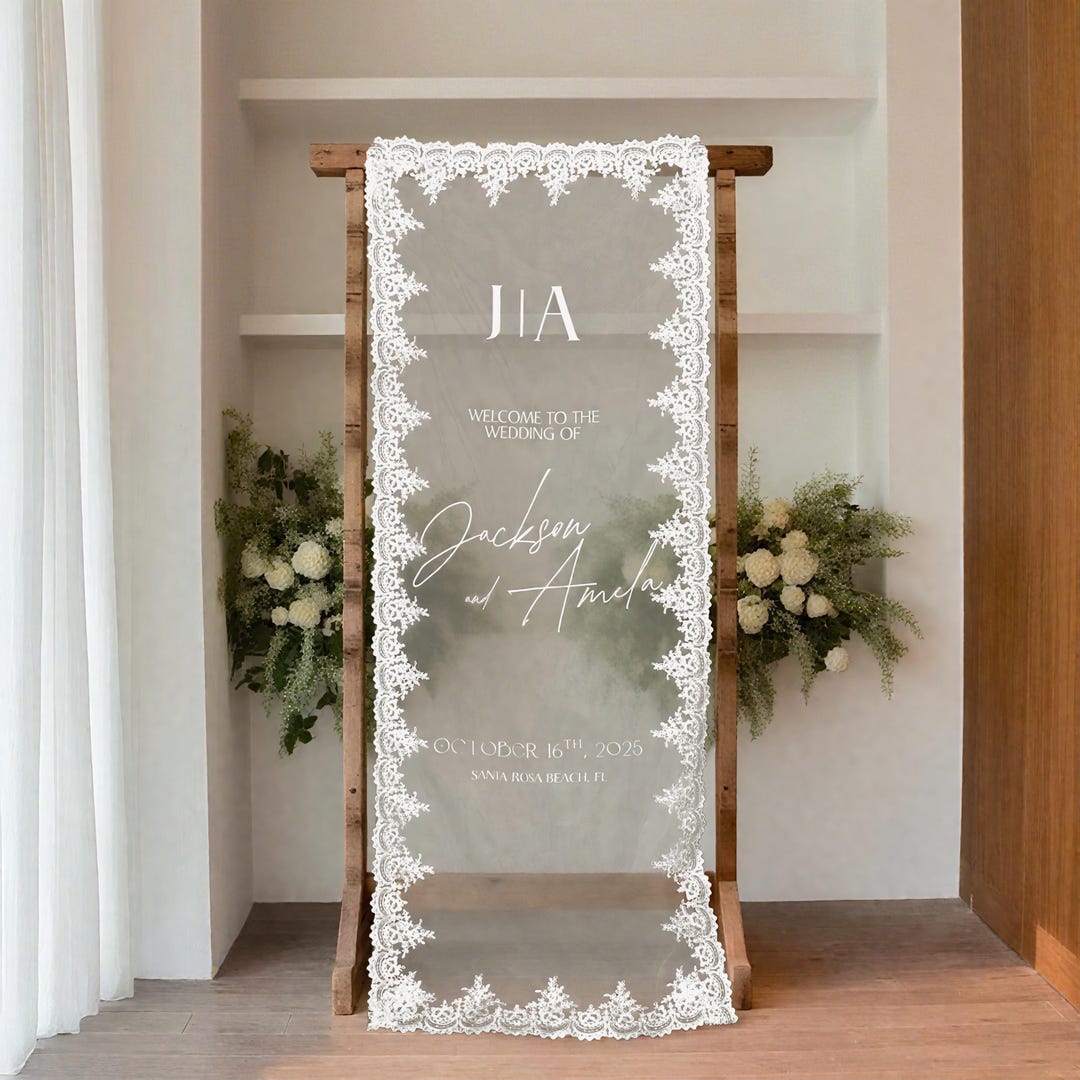 Personalized Lace Wedding Welcome Sign, Custom Wedding Banner, Sheer ...