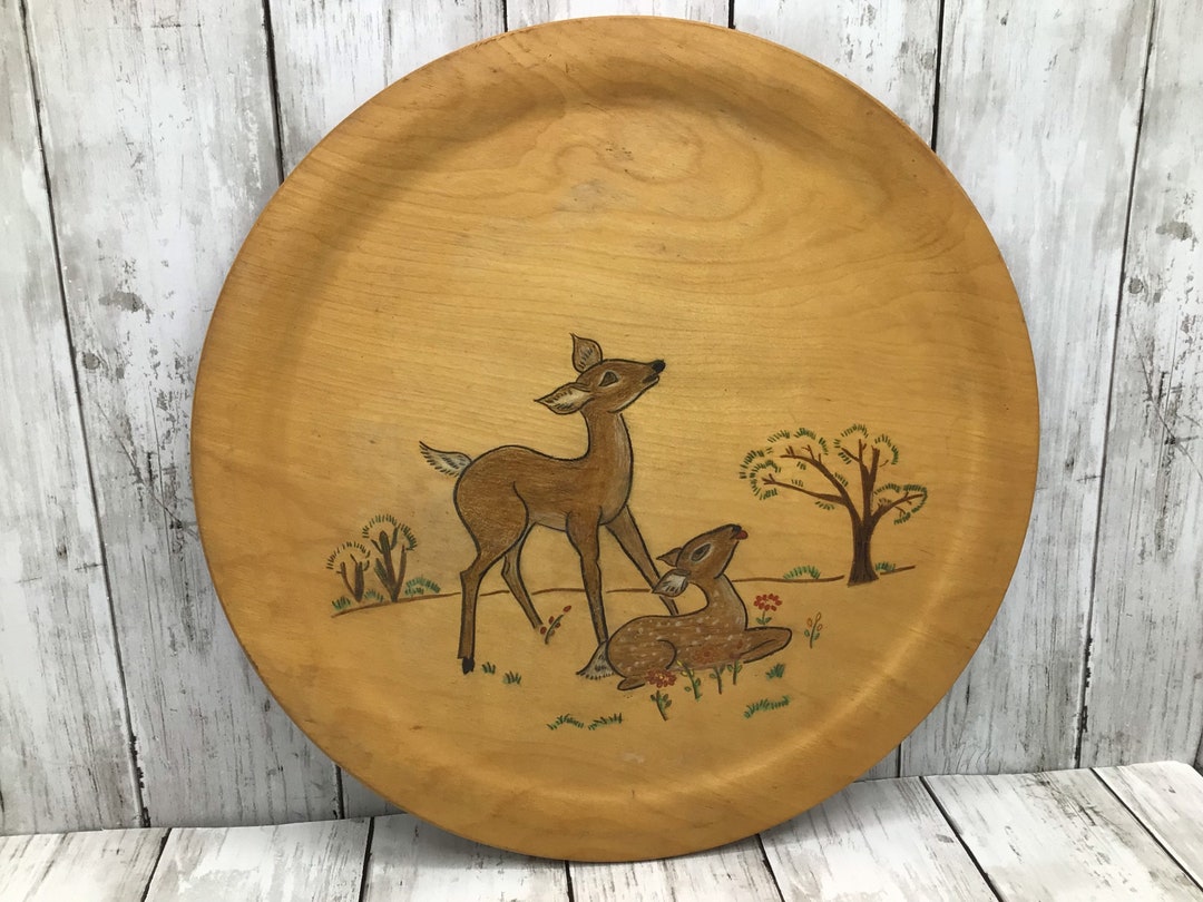 Vintage Wooden Tray, Round Wooden Deer Tray, Hand Painted Deer Wooden ...