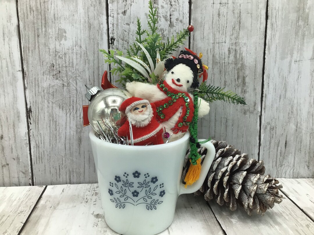 Vintage Santa in Cup, Vintage Christmas Snowman Arrangement, Vintage ...