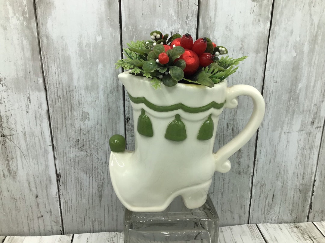Vintage Christmas Ceramic Boot, White Elf Boot Pitcher, Handpainted ...