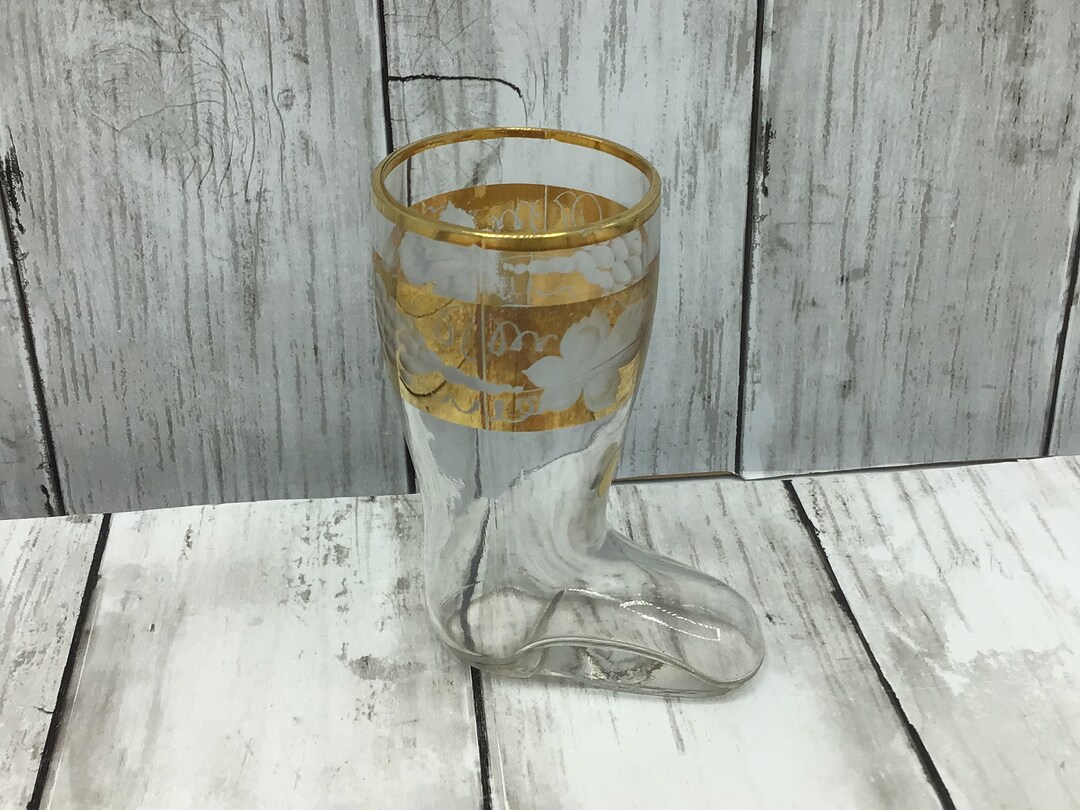 Vintage Glass Boot With Gold Trim, Western Germany Glass Boot, Etched ...