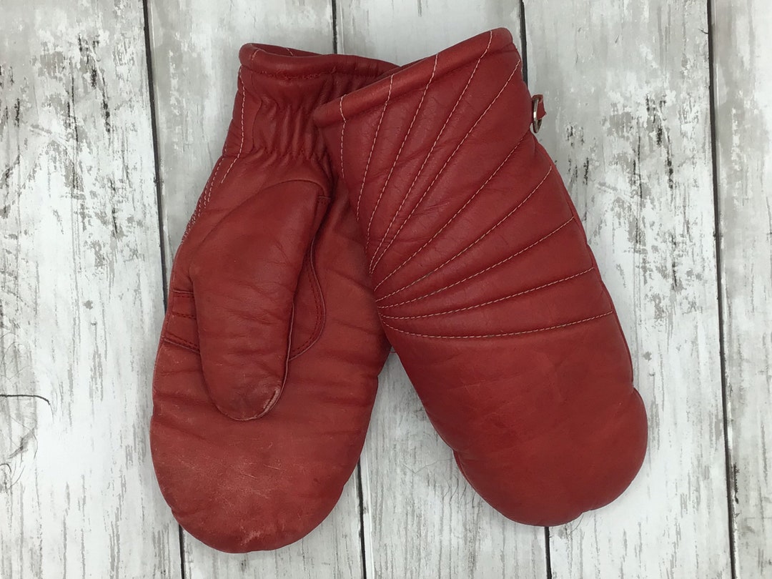 Vintage 70s Leather Ski Mittens, Vintage Womens Grandoe Red Ski Mittens ...