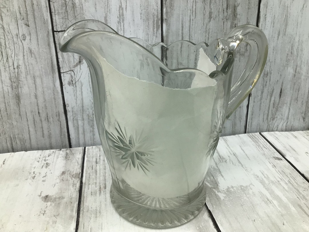 Vintage Small Glass Pitcher, Star Pitcher, Etched Flower Small Pitcher ...