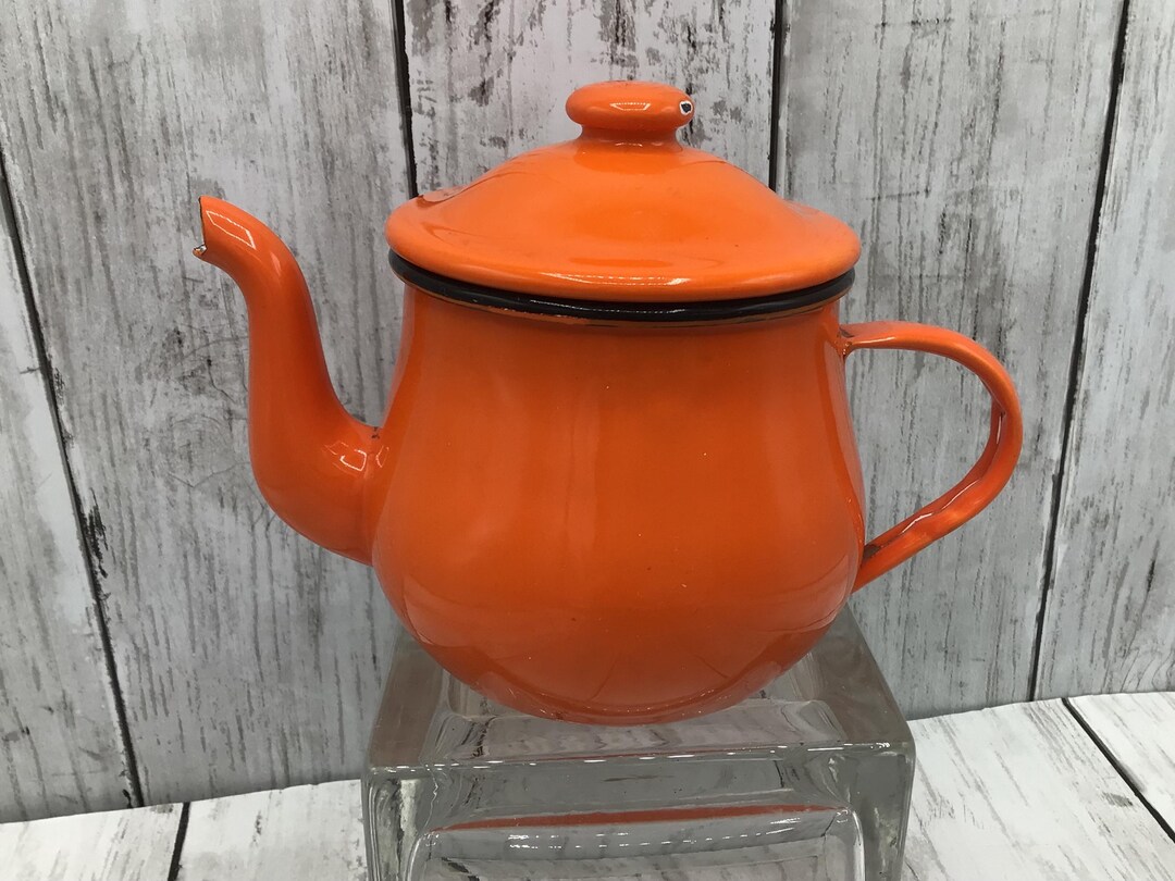 Small Orange Enamelware Teapot, Vintage Enamelware, Orange Graniteware ...