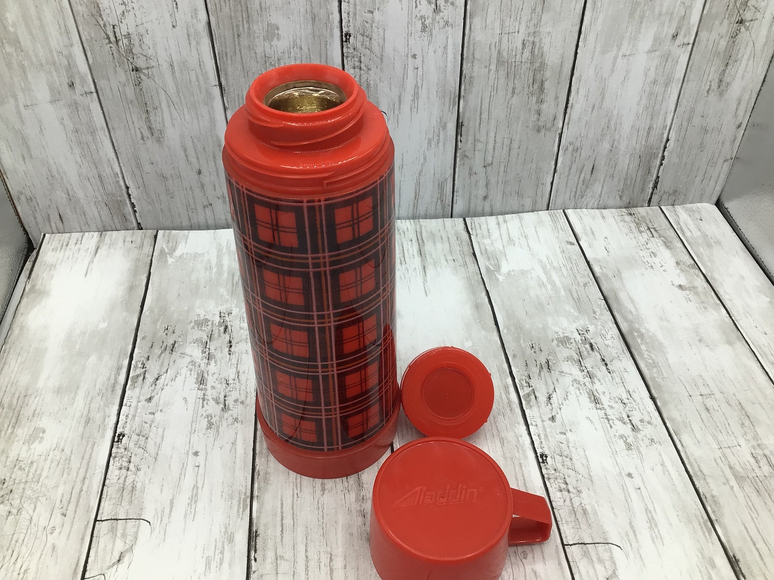 Vintage Aladdin Thermos, Red Plaid 1 Pint Thermos, Vintage Picnic ...