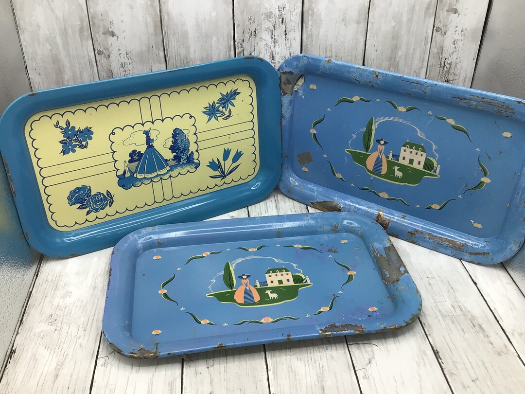 Vintage Blue Luncheon Trays Set of 3, Shabby Chic Blue Decorative Trays ...