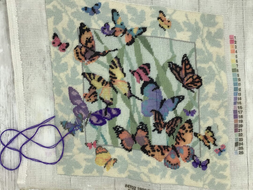 Vintage Needlepoint Butterflies Kit Unfinished, Started Bucilla ...