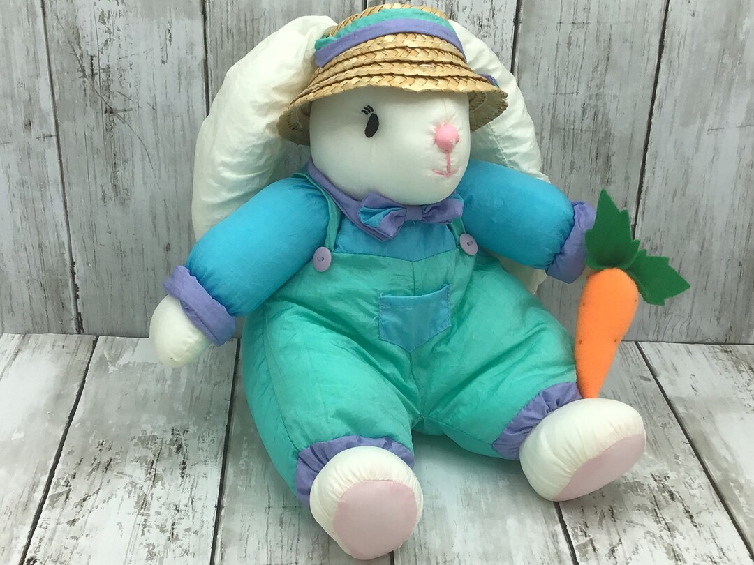 Vintage Stuffed Easter Bunny, Puffy Nylon Rabbit With Hat and Carrot ...