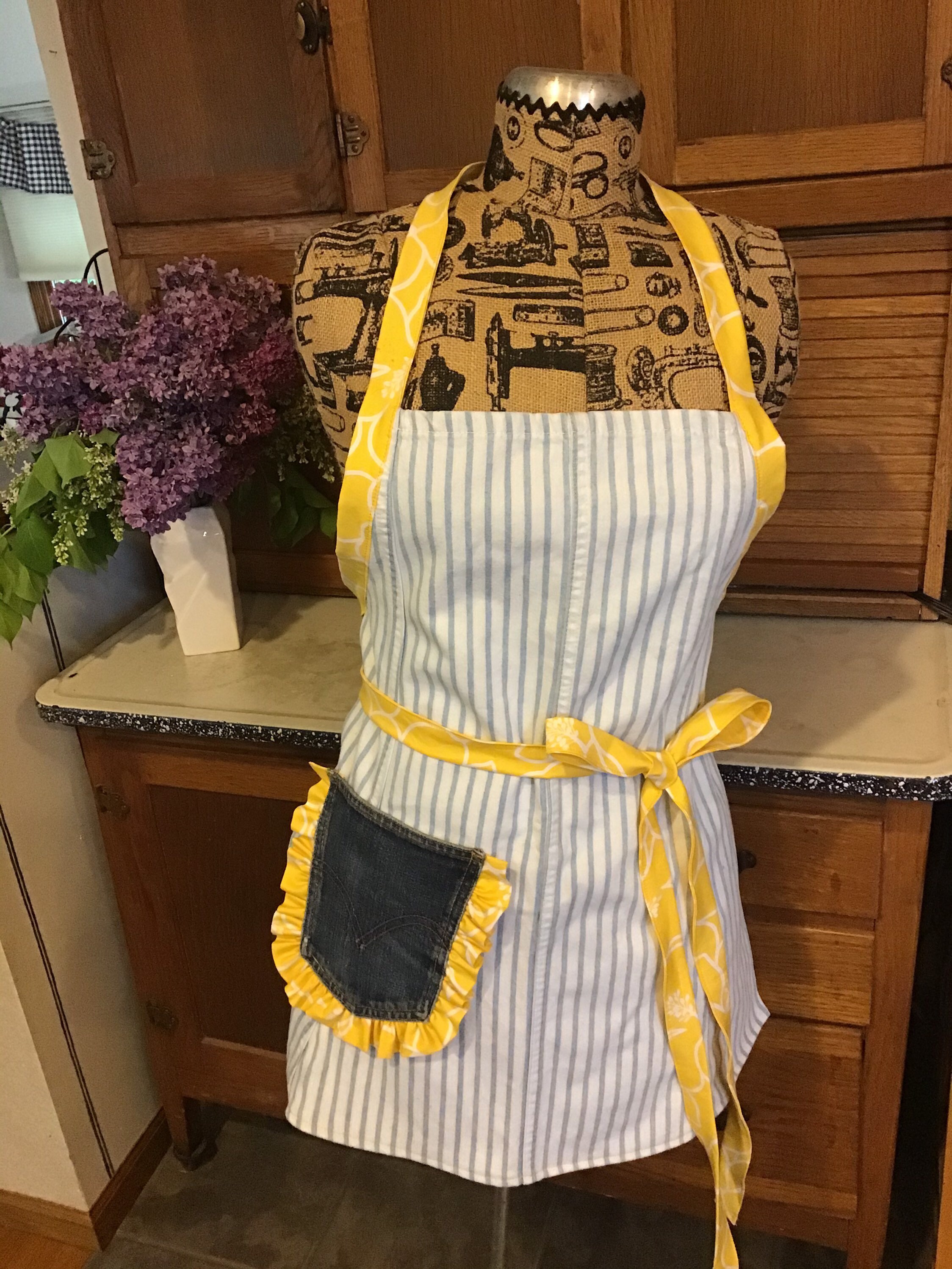 Yellow Farm Girl Denim Apron, Womans Cute Bakers Apron, Upcycled Denim ...