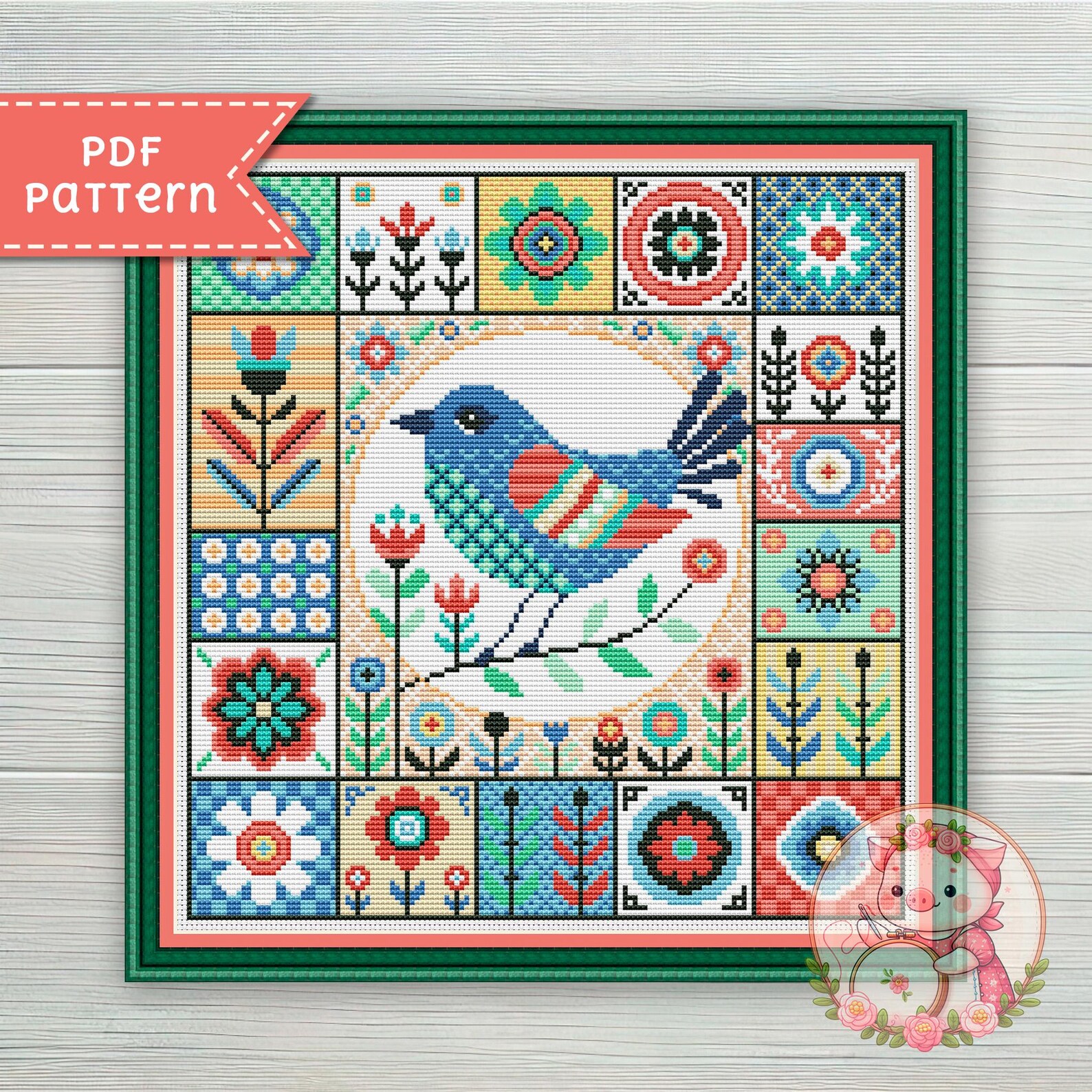 Bird Patchwork Cross Stitch Pattern - Folk Scandinavian Xstitch Chart ...