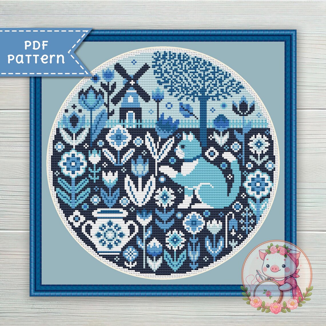 Delft Blue Cat Cross Stitch Pattern - Folk Animals Xstitch Chart PDF ...