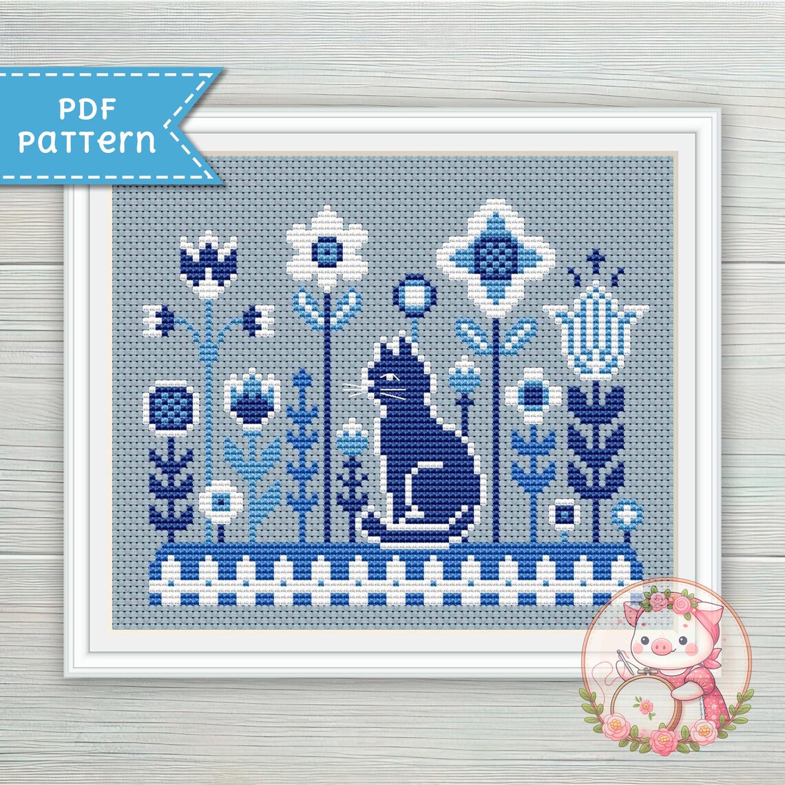 Delft Blue Cat Cross Stitch Pattern - Folk Animals Xstitch Chart PDF ...