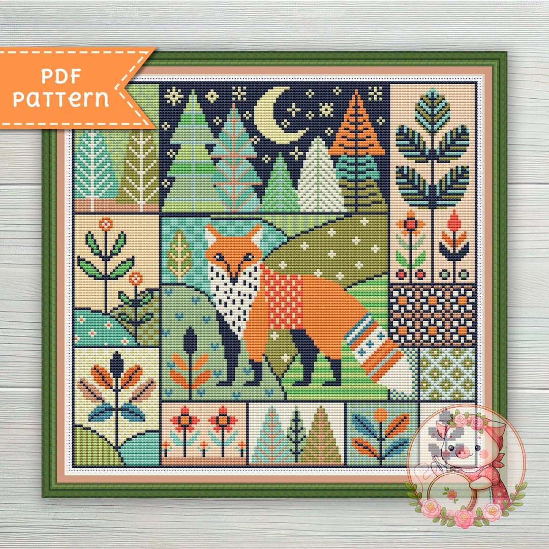 Fox Forest Patchwork Cross Stitch Pattern - Folk Scandinavian Xstitch ...