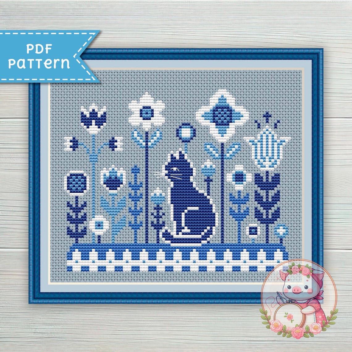 Delft Blue Cat Cross Stitch Pattern - Folk Animals Xstitch Chart PDF ...
