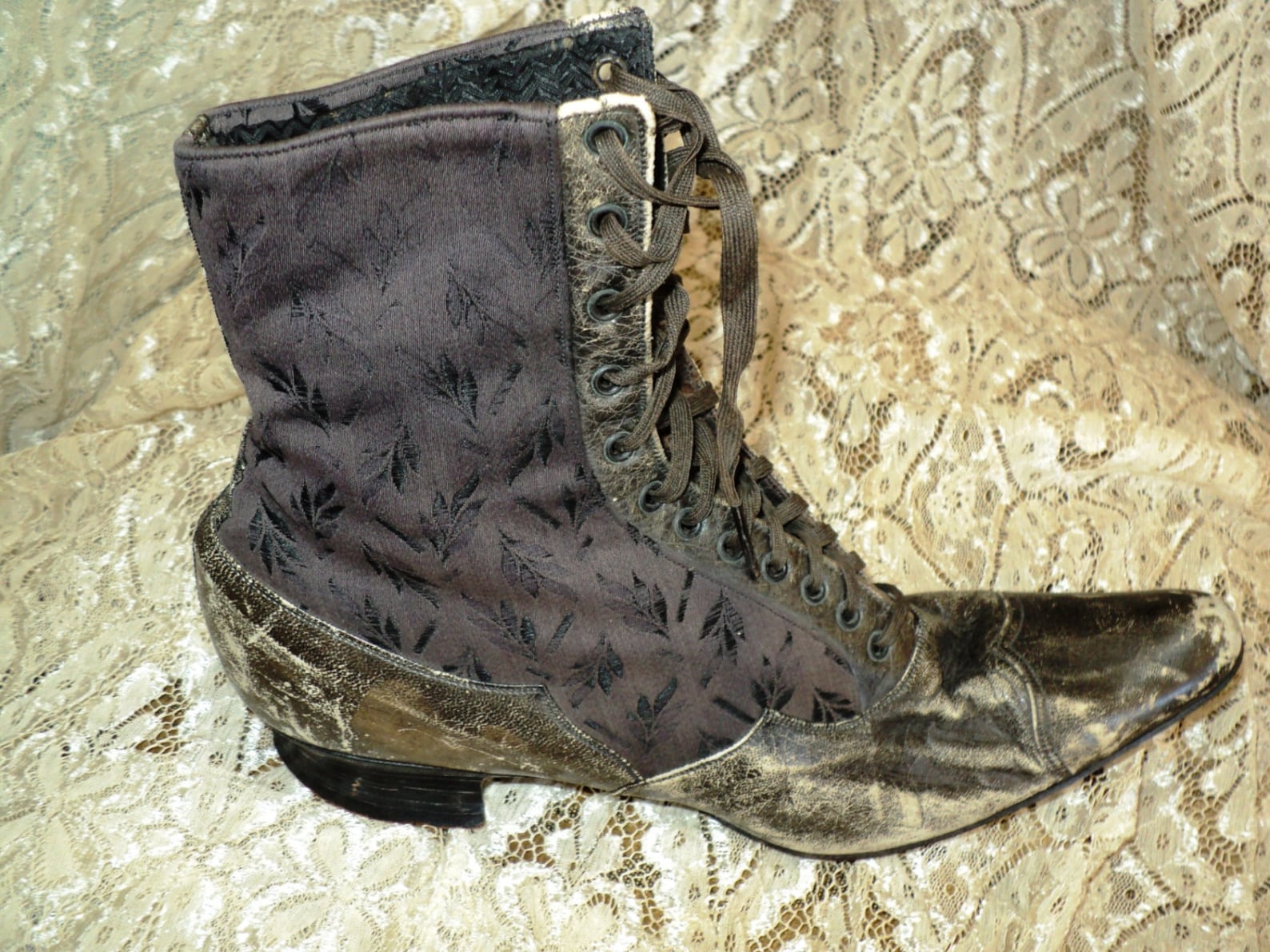 Antique Victorian Silk and Leather Boots Lace up Original Great Patina ...
