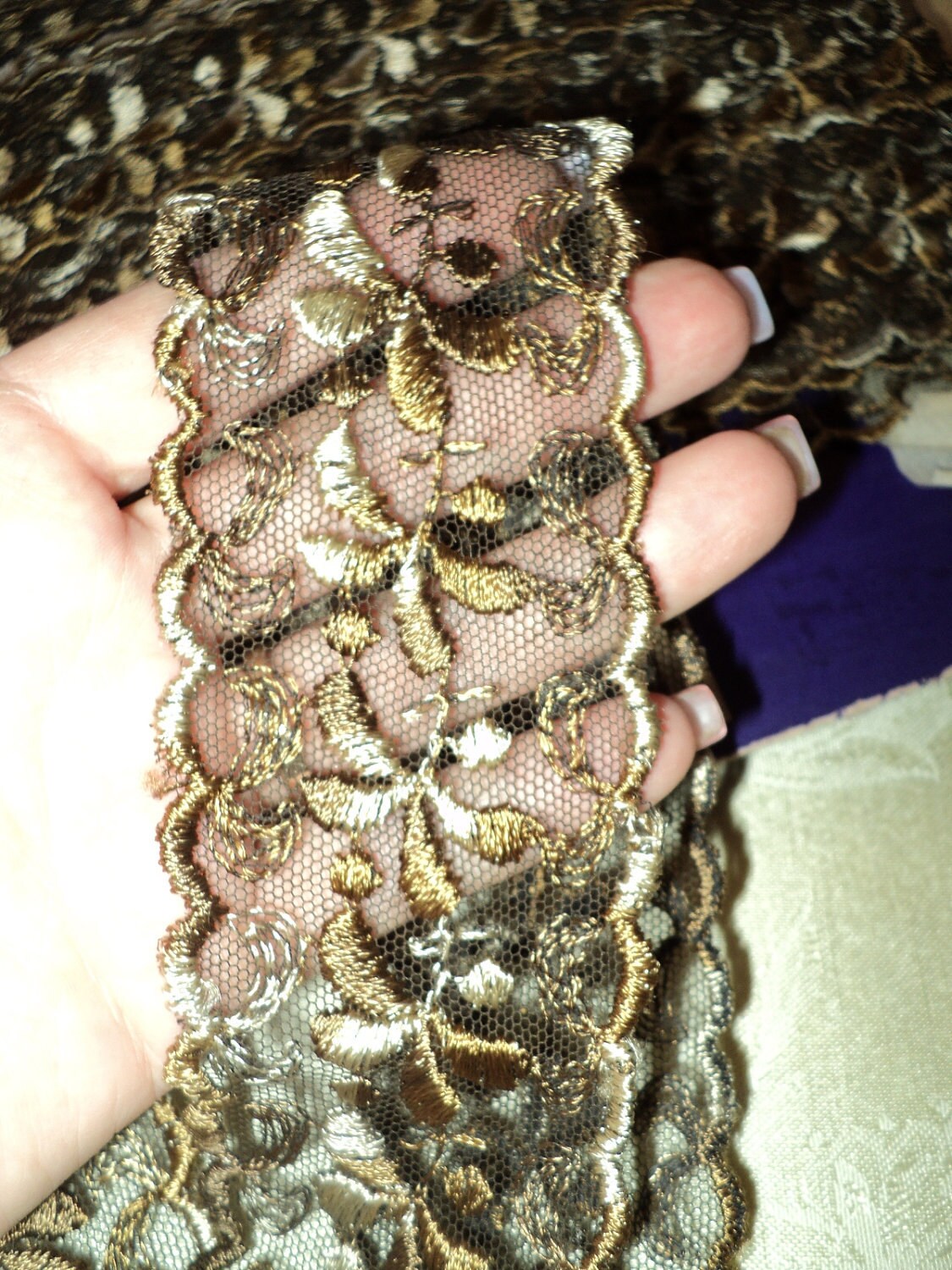 Yardage of 1920s Silk Embroidered Net Trim Brown Floral Wide Dress or ...