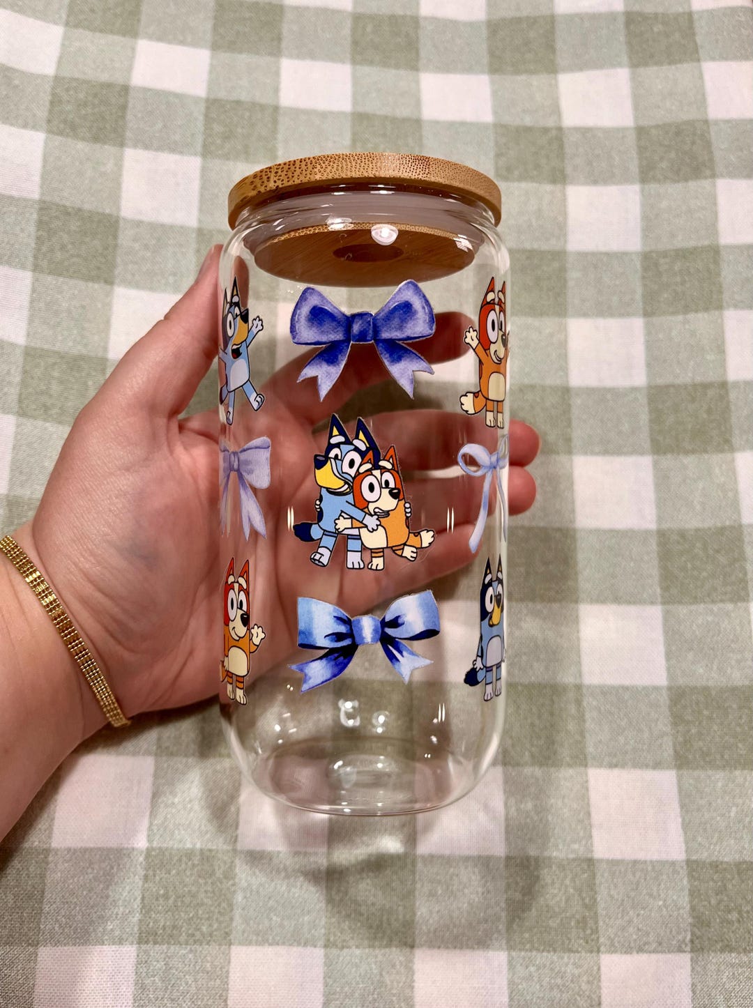 Bluey Bows- 16oz (470ml) Libbey Glass With Glass Straw and Bamboo Lid ...