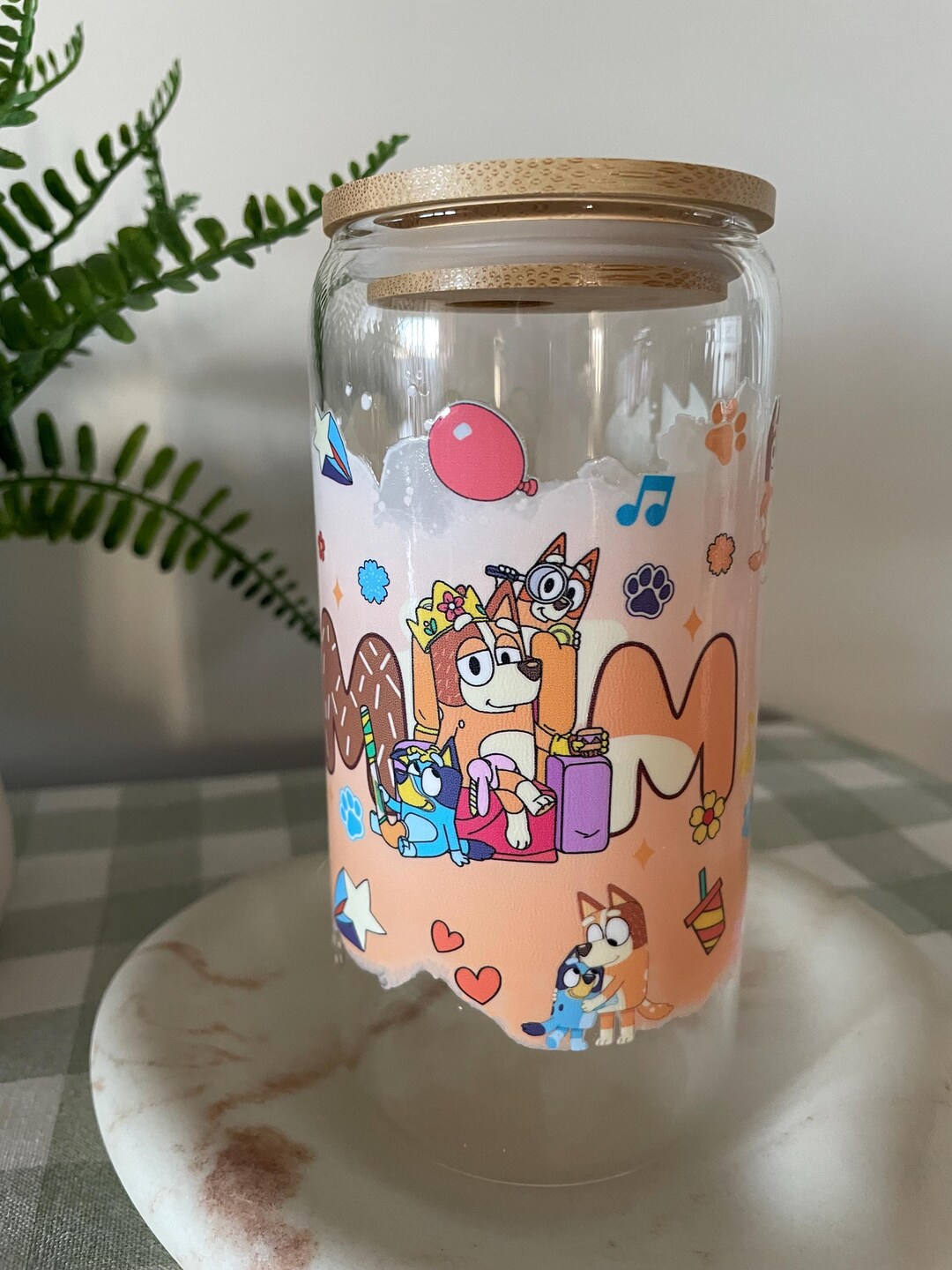 Bluey Mama - 16oz (470ml) Libbey Glass With Glass Straw and Bamboo Lid ...