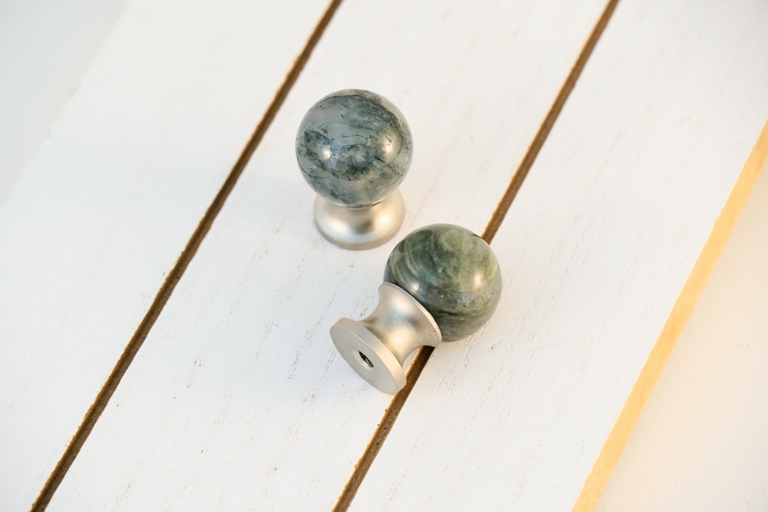 Gemstone Marble Cabinet Knob Pair - Moss Agate and Banded Green Jasper - Etsy