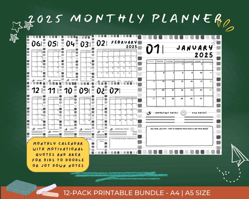 2025 Monthly Calendar for Kids, Printable, Grey - Etsy