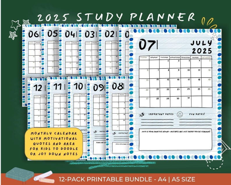 2025 Monthly Calendar for Kids, Printable, Blue - Etsy