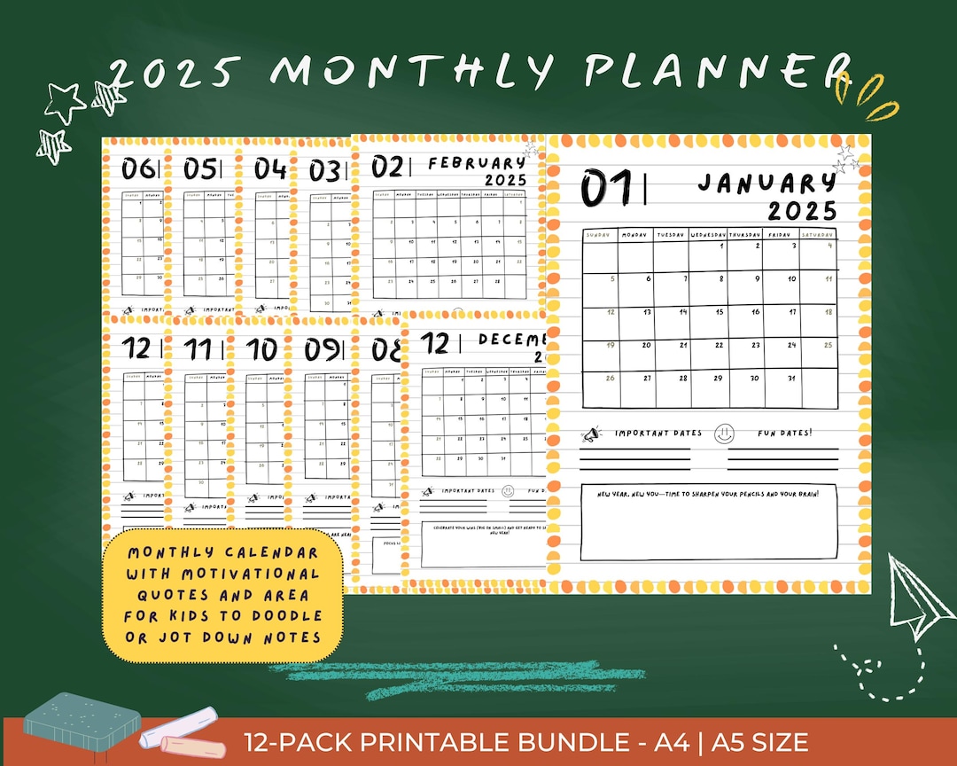 2025 Monthly Calendar for Kids, Printable, Yellow - Etsy