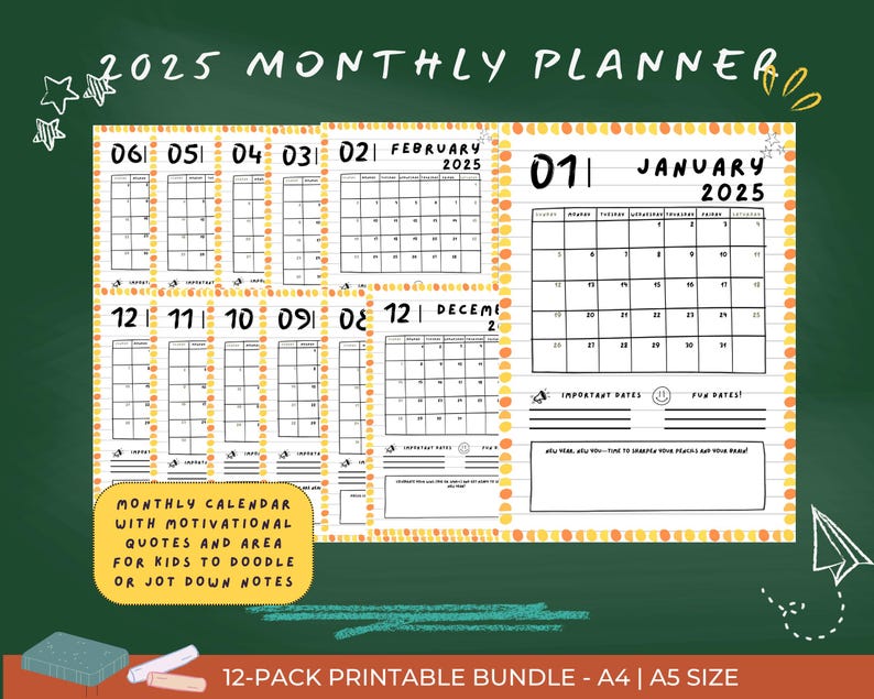 2025 Monthly Calendar for Kids, Printable, Yellow - Etsy