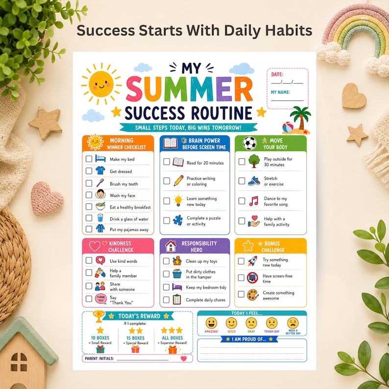 Kids Summer Routine Chart, Daily Habit Tracker, Responsibility ...