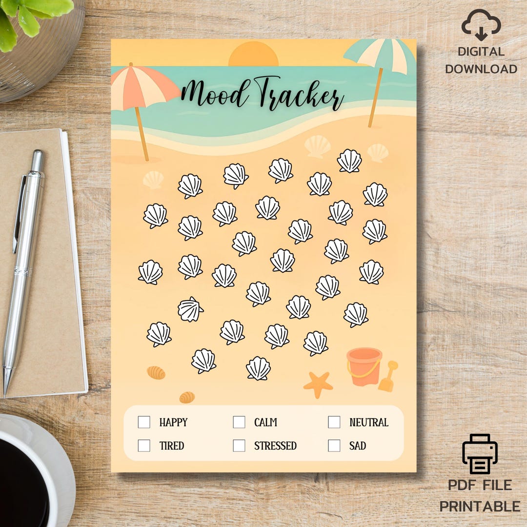 Peachy Beach May Mood Tracker Printable Journal Page Pre-colored ...