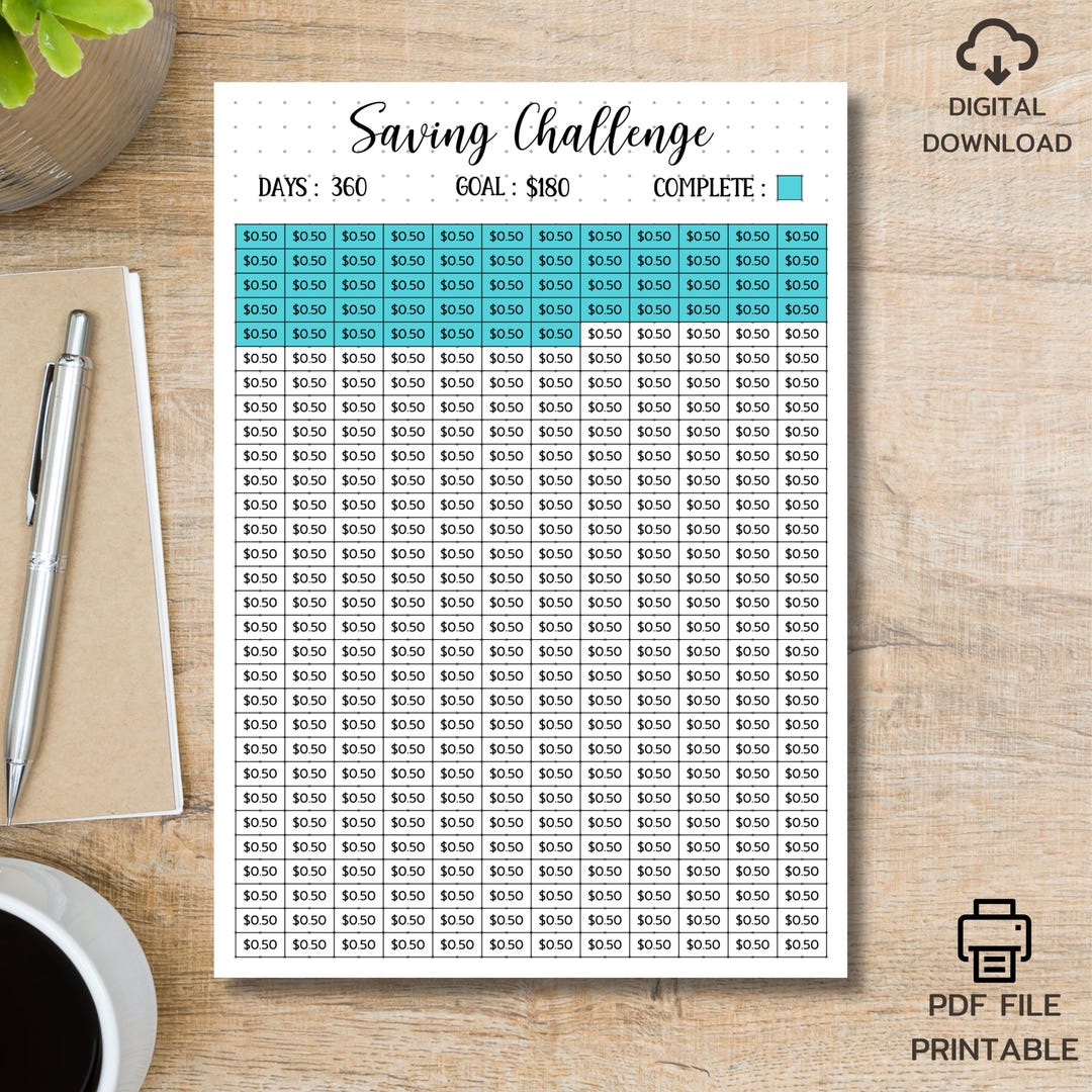 Savings Tracker, 180 Dollars Saving Challenge for Adult and Kids ...