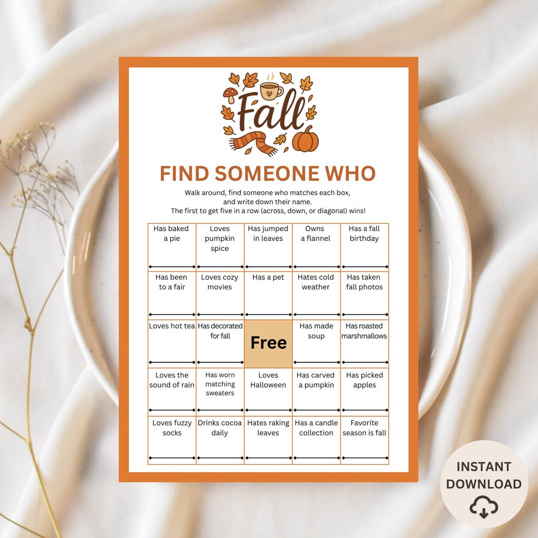 Find Someone Who Game Printable Fall Icebreaker Games Autumn Party ...