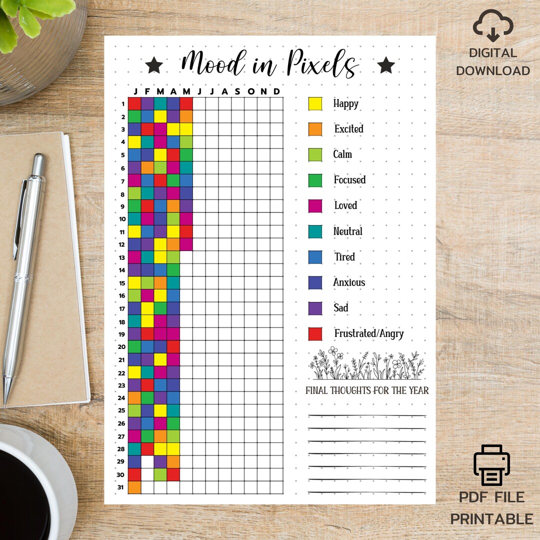 Mood in Pixels, Printable Journal Page, Rate My Day, Mood Tracker ...