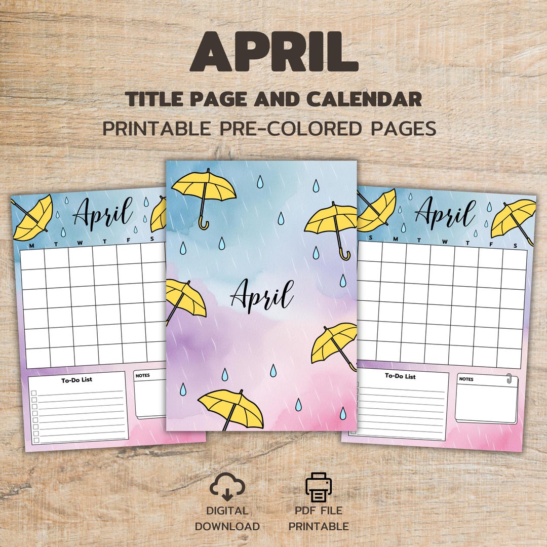 April Cover Page Calendar Printable Journal Page Pre-colored Journal ...