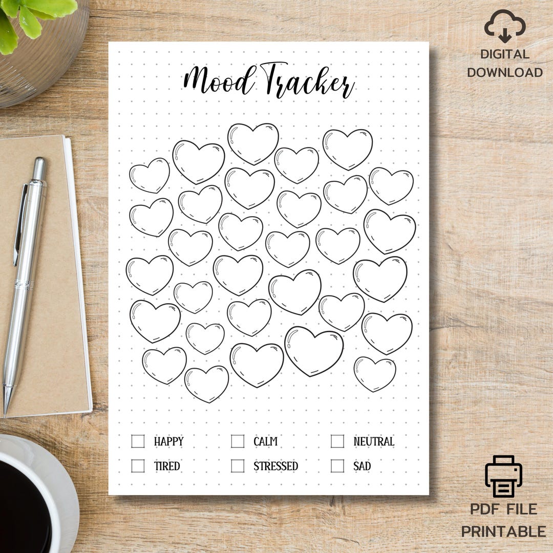 Heart Mood Tracker, Printable Journal Page, Planner Page, Yearly ...