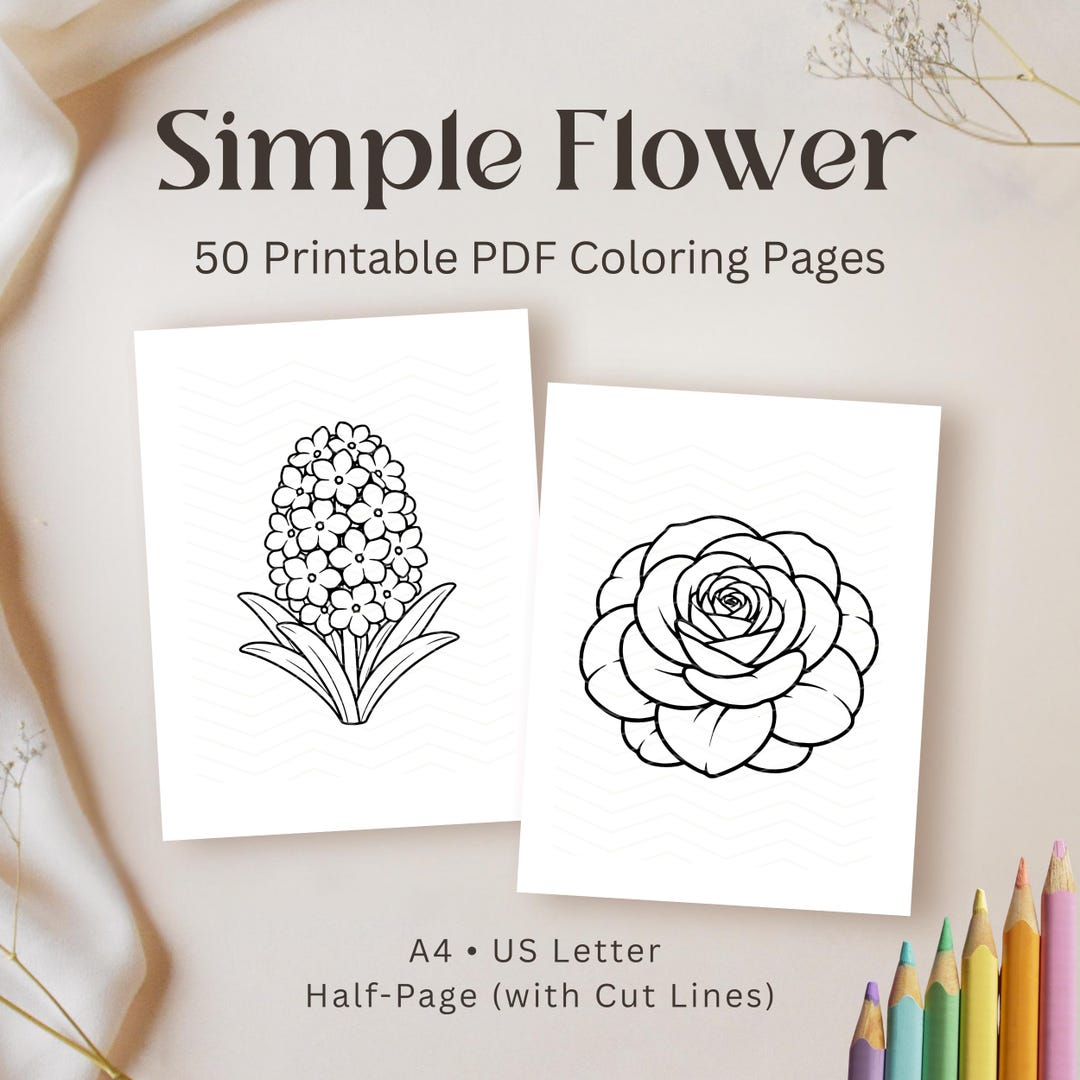 50 Simple Flower Coloring Pages, Bold Floral Designs, Large Print (PDF ...