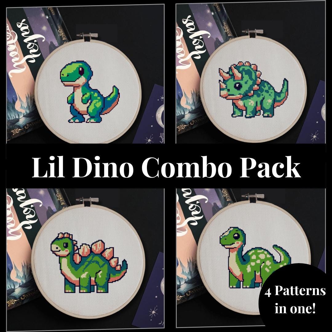 Lil Dino Combo Pattern Pack - Four Cross Stitch Patterns - T-rex ...