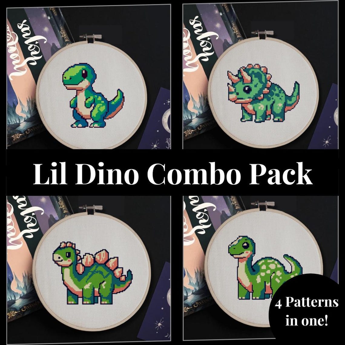 Lil Dino Combo Pattern Pack - Four Cross Stitch Patterns - T-rex ...