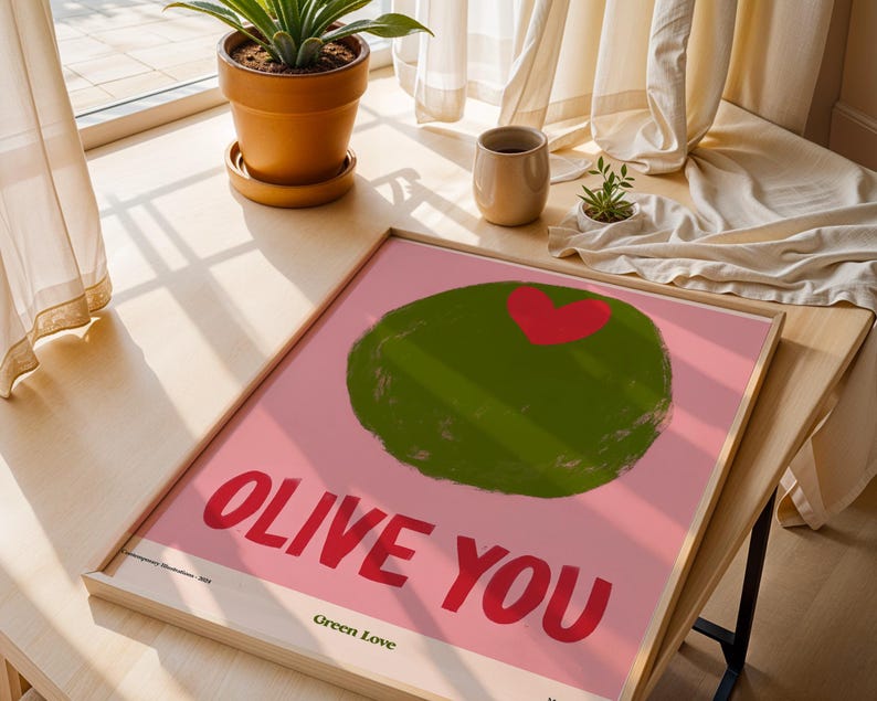 Olive You Print – Cute Pun Wall Art, Minimalist Kitchen Poster, Playful ...