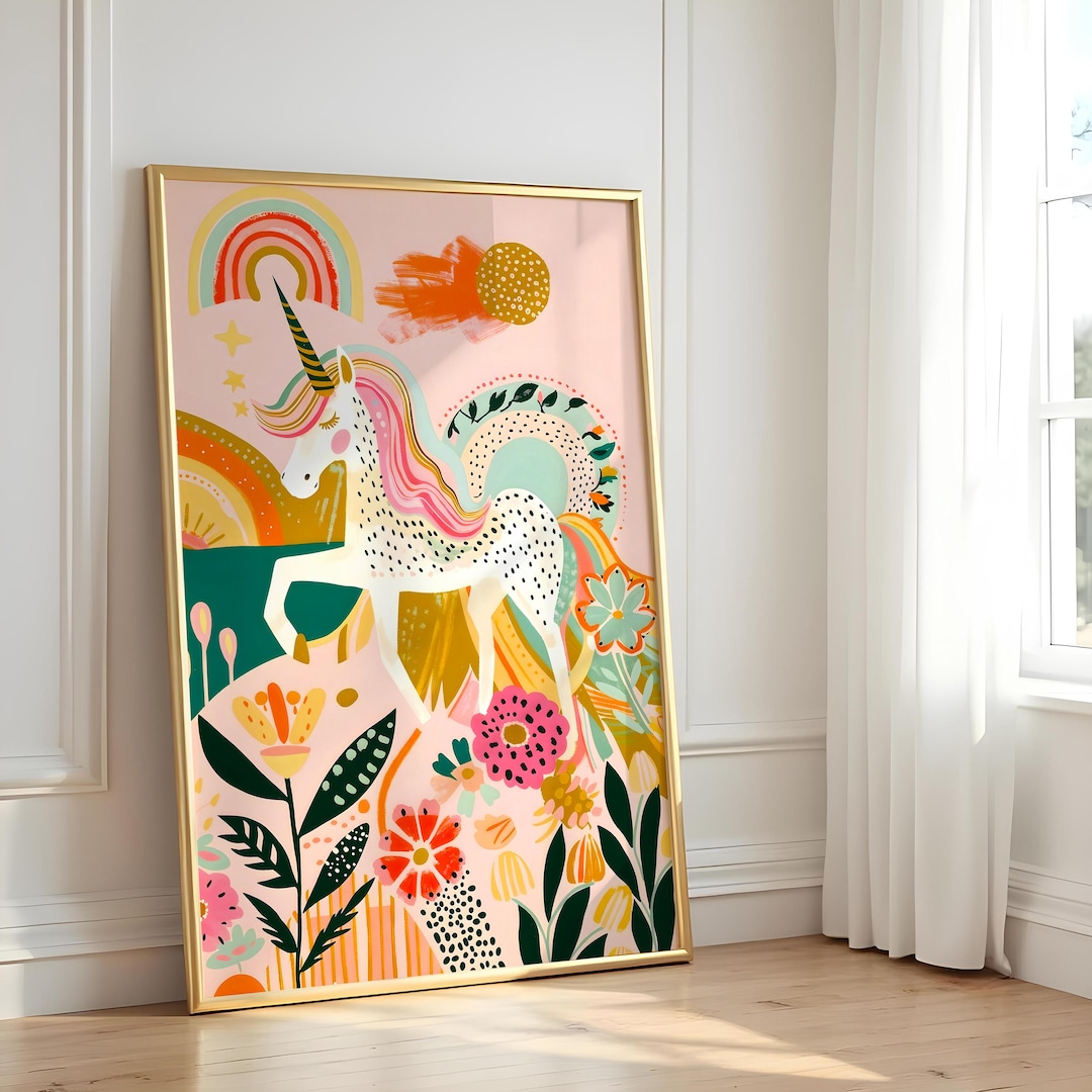 Unicorn Flower Pattern Poster, Magical Nursery Art, Fairy Tale, Fun ...