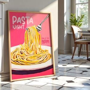 Pasta Night Vintage Food Poster, Fun Modern Illustration, Kitchen Wall ...